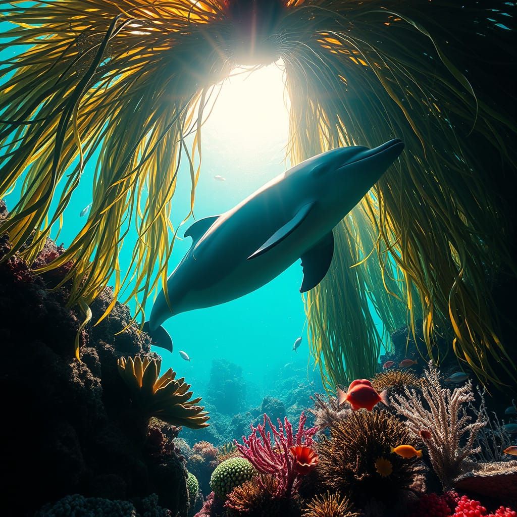 magnificent dolphin with a diver in a beautiful underwater arch of ...