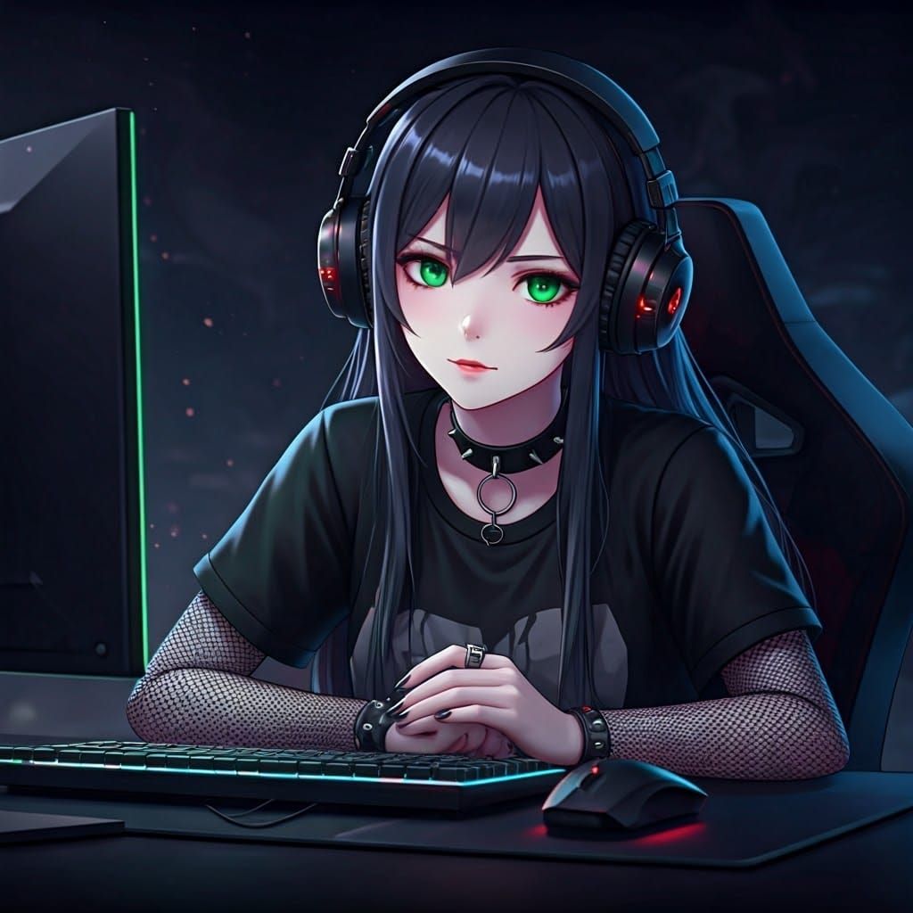Ethereal Emo Goth Vampire Girl Gaming in Cyberpunk... - AI Art