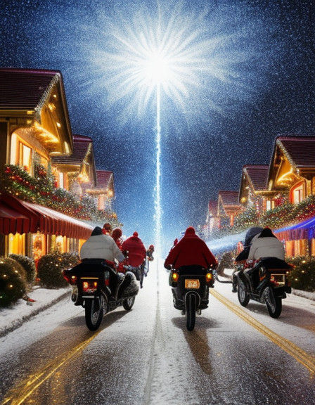Santas Ride Cruiser Motorcycles to Christmas House... - AI Art