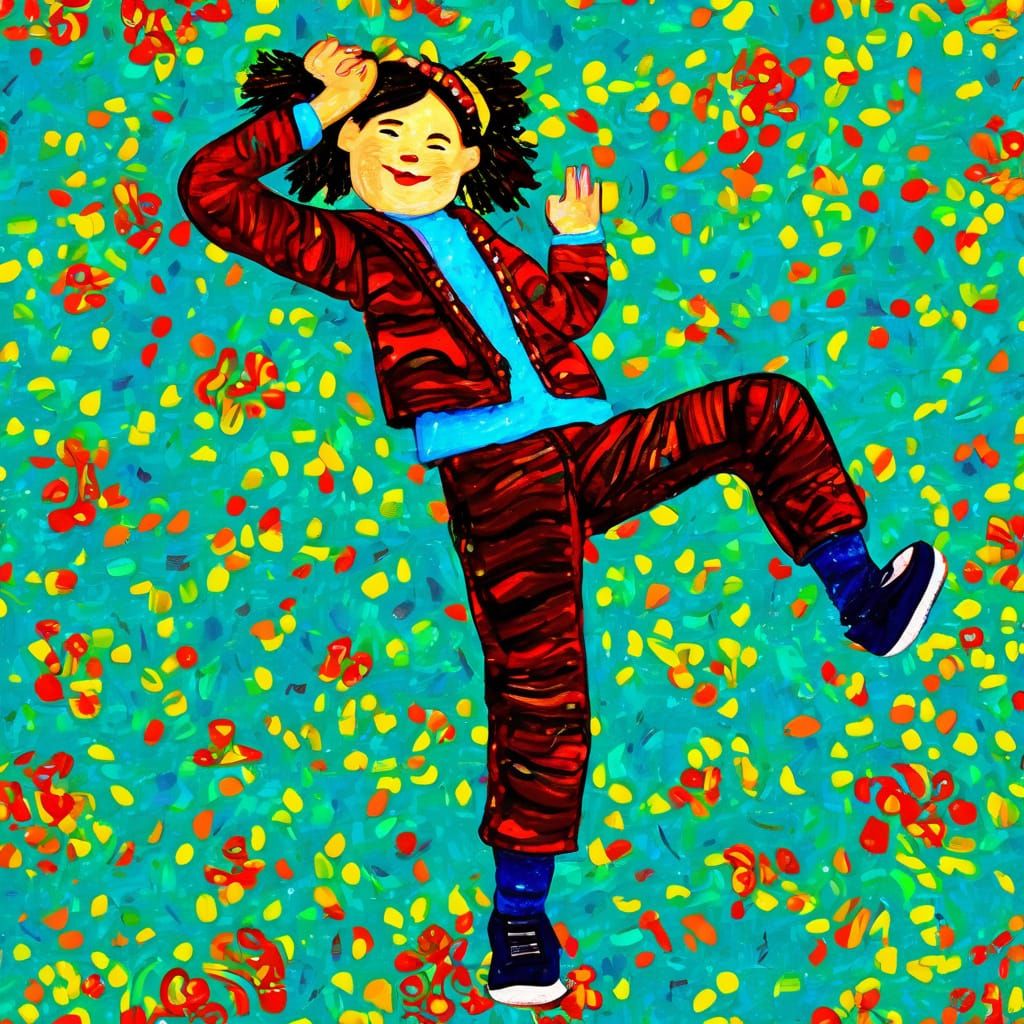 Whimsical Girl Dances with Tigercat in City Square - AI Art