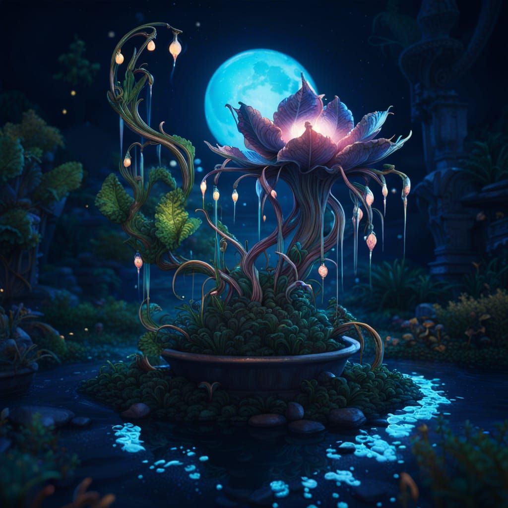 Magical glowing ornate plant growing out of a pond under a full moon ...