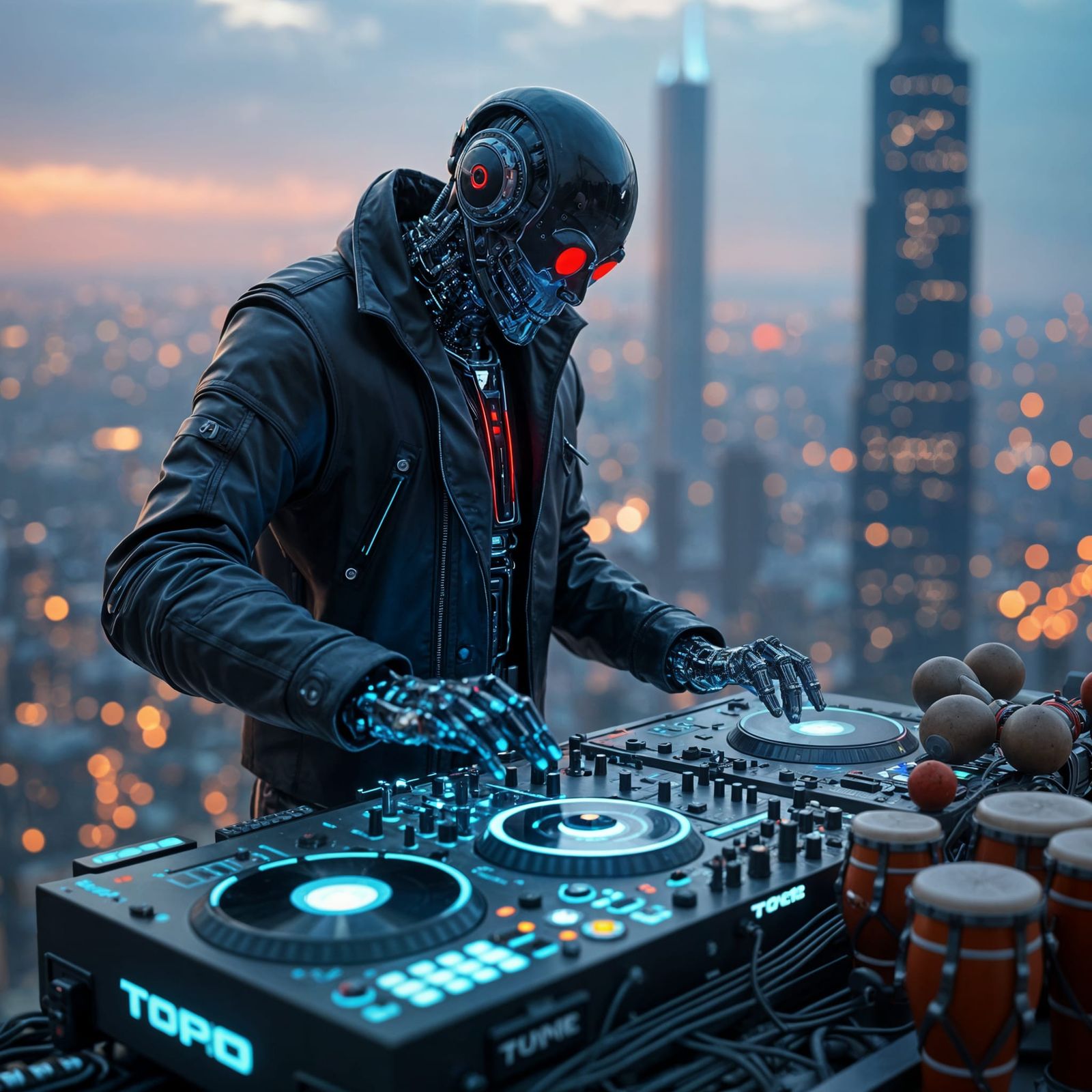 DJ human-bot - Cyberpunk DJ Spins Electronic Beats on Skyscr...