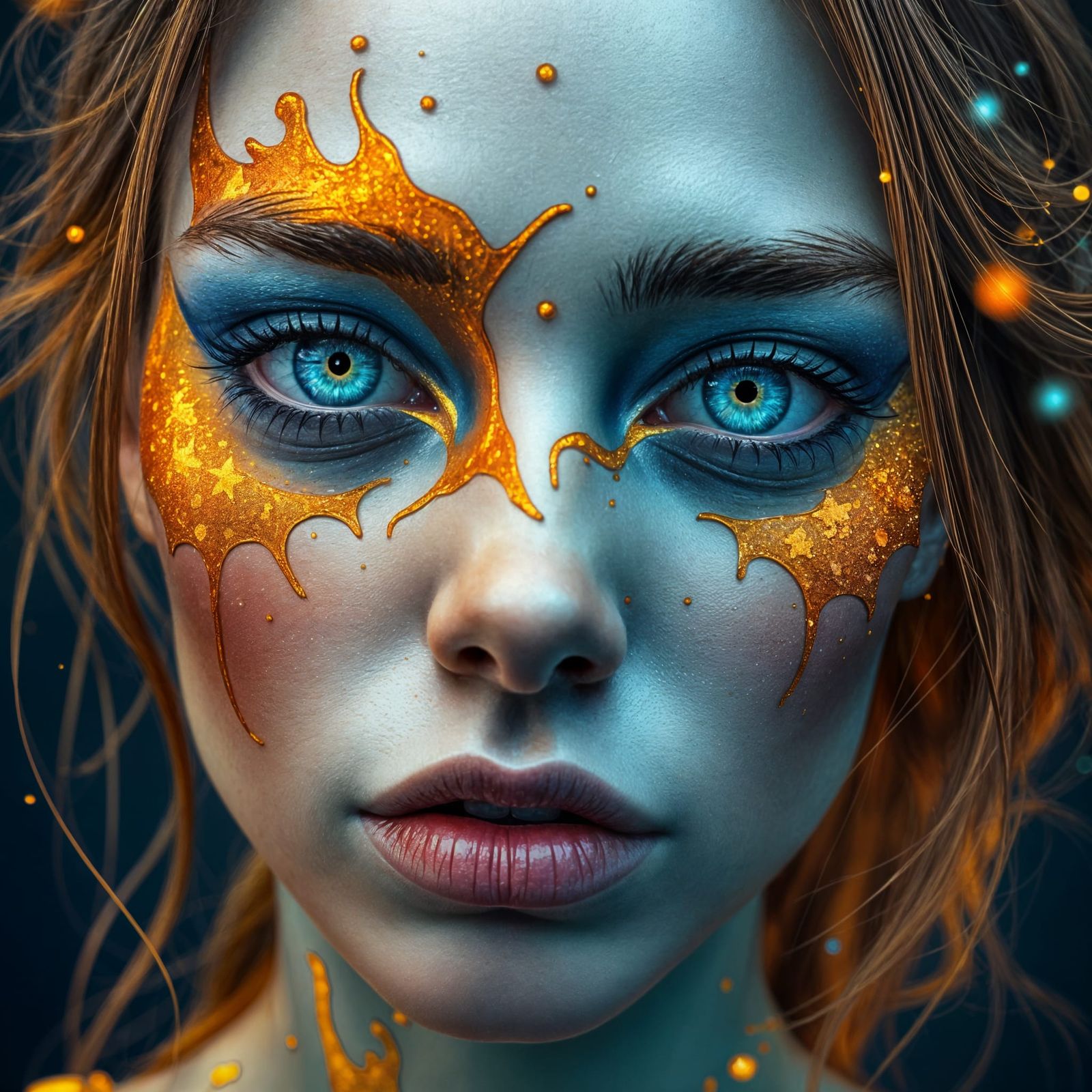 Hyper-realistic medium angle full body shot of a Lucid dreamer young woman, orange and yellow ...