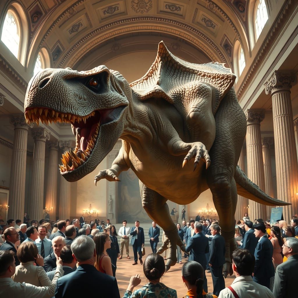 Live T-Rex on exhibition in a crowded museum
