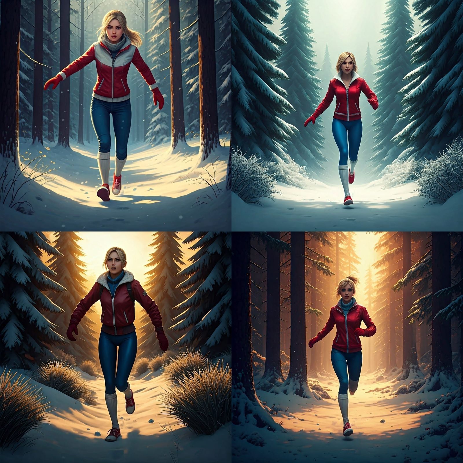 Winter Snow Forest Scene with Running Blonde Lady ... - AI Art