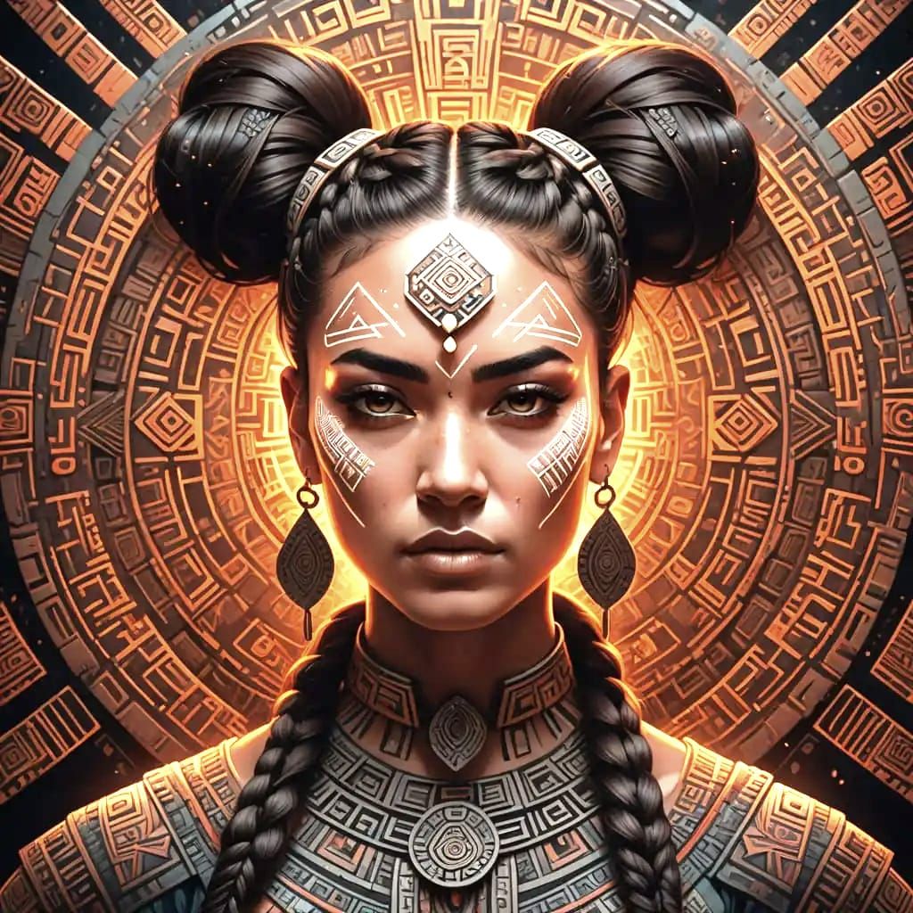 A beautiful young woman with a bun hairstyle, her face adorned with ...