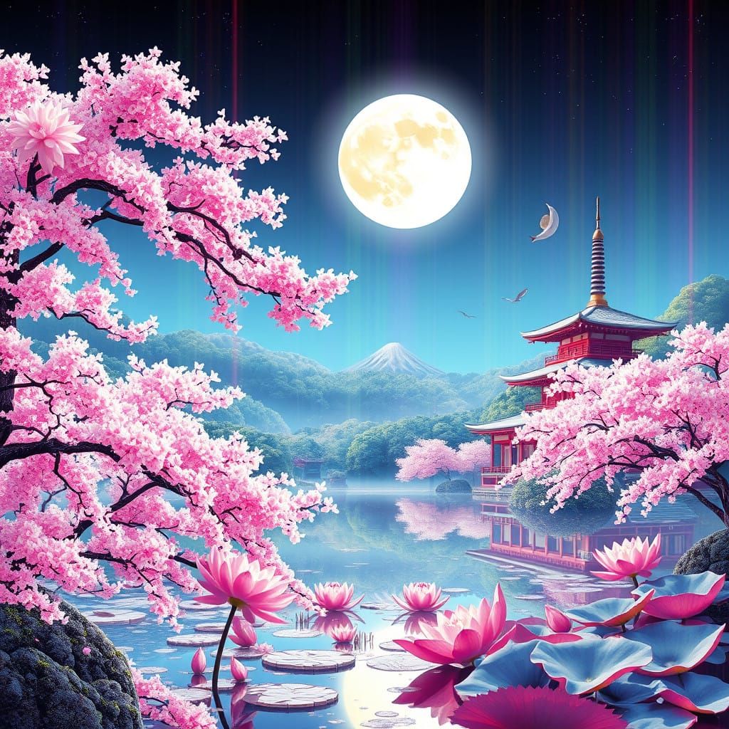 Holographic Vaporwave Glitch, Ukiyo-e landscape, cherry trees, temple, lotus pond