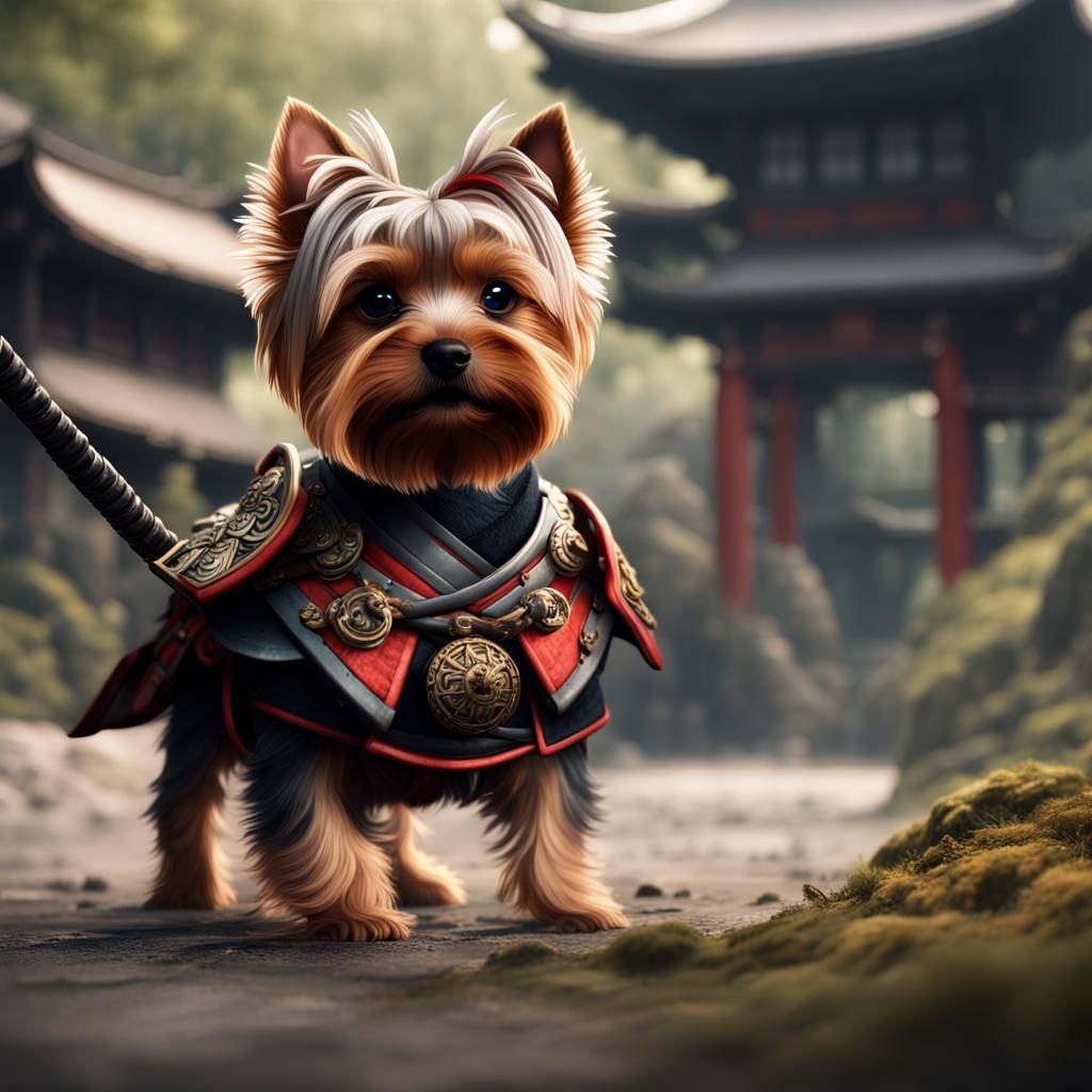 Japanese historic style Yorkshire terrier puppy samurai warrior - AI ...