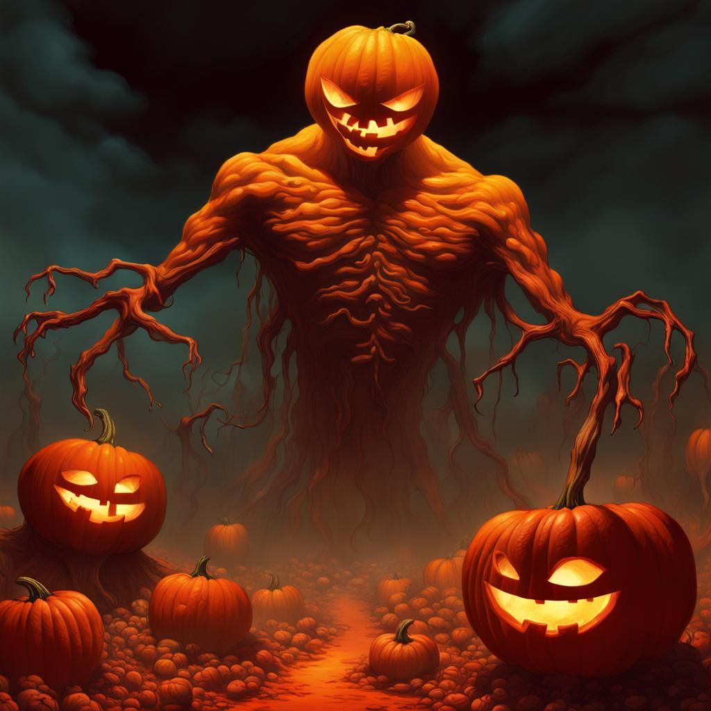 A towering, blood-soaked giant jack-o'-lantern person hovers over a nightmarish realm ...