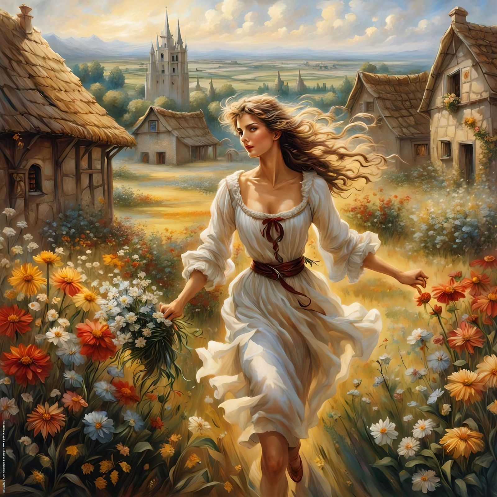 Wide angle, A joyful peasant girl in a linen dress running through the ...