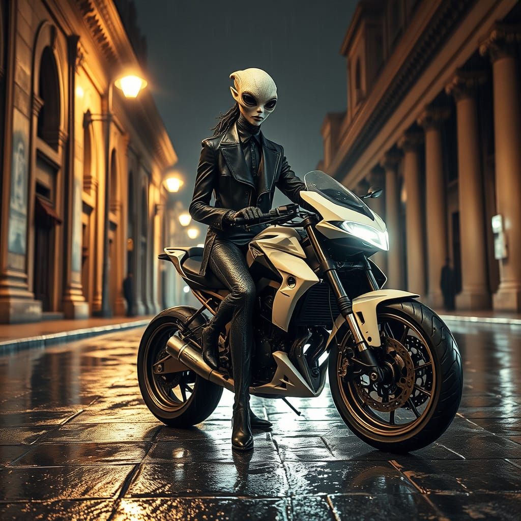Alien Model Posing with Cyberpunk Motorbike - AI Art