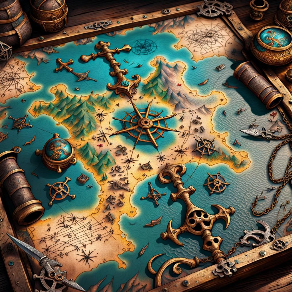 HYPERDETAILED TREASURE MAP X MARKS THE SPOT VIBRANT COLORED TATTOOED ON ...