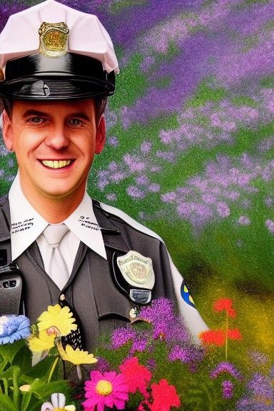 A portrait of a happy smiling police officer surrounded by flowers in ...