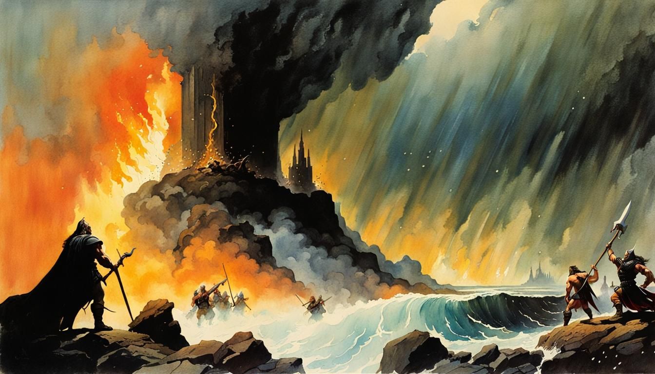 Norse mythology: full shot scene of Ragnarök with the gods Odin, Thor ...