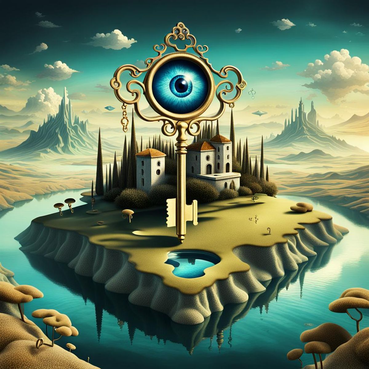 a surreal digital art piece depicting keys floating in a dreamlike ...