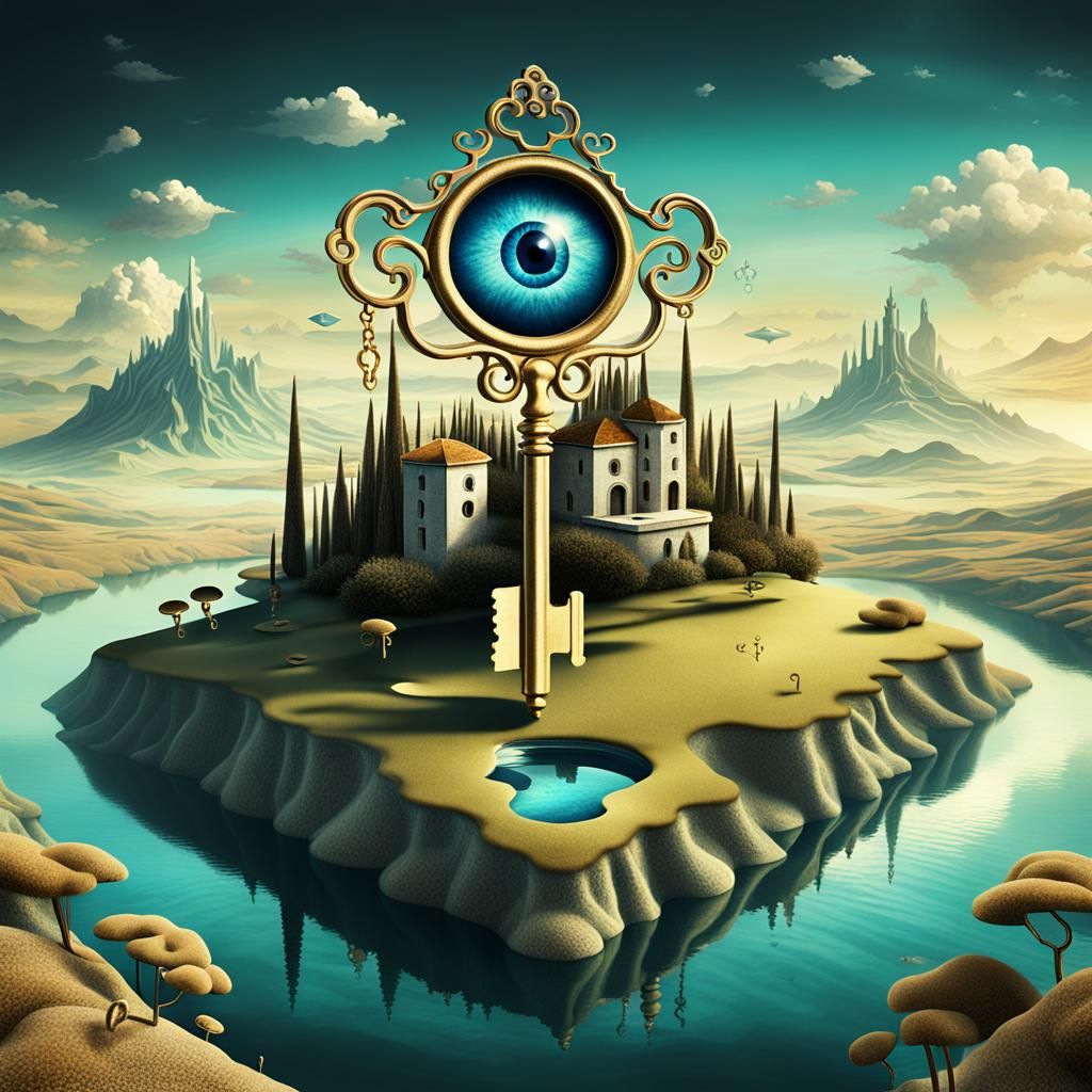 a surreal digital art piece depicting keys floating in a dreamlike ...