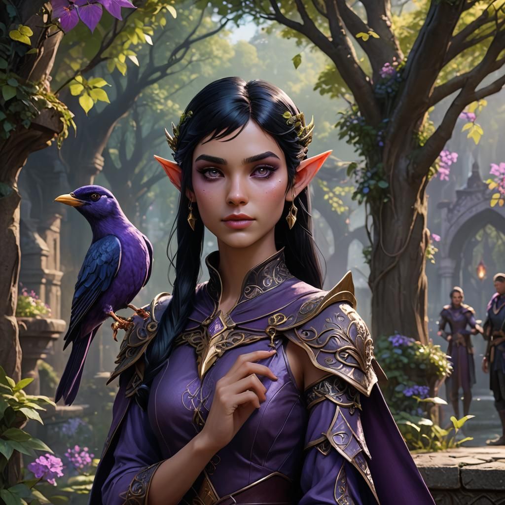 DND character elf elegant young girl black hair purple eyes purple bird ...