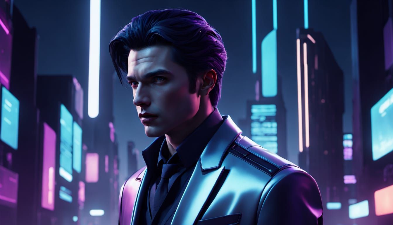 Vampire man dressed in a very chic gray suit with his cro slightly out ...