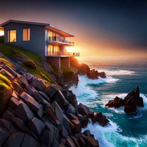 The beach house at sunset overlooking waves crashing on the rocky beach ...