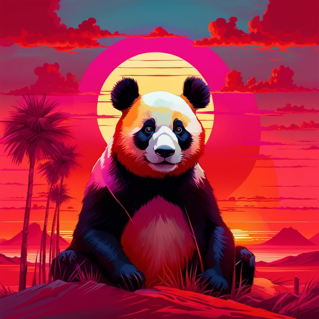 a calm panda is admiring a gorgeous huge vaporwave red sunset. Sahara ...