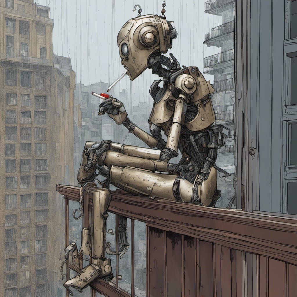 Robot smoking on balcony in the rain - AI Generated Artwork - NightCafe ...