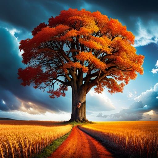 A magical tall oak tree with leaves made of an green pumpkin with ...