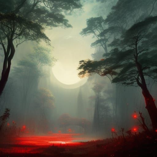 Lush fey forest under a blood moon - Dark Fantasy Landscape ...