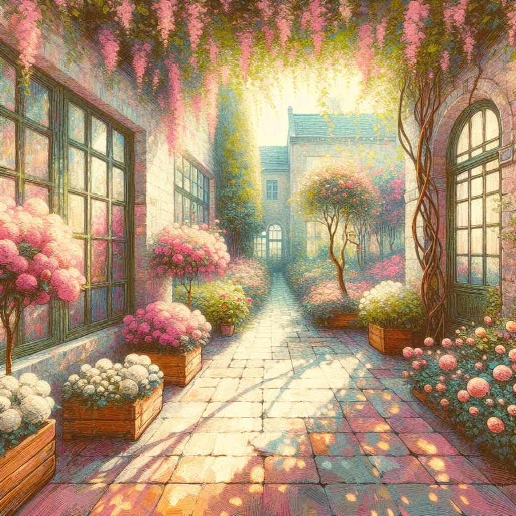 Spring Flowers - Serene Spring Courtyard in Soft Pink Hues