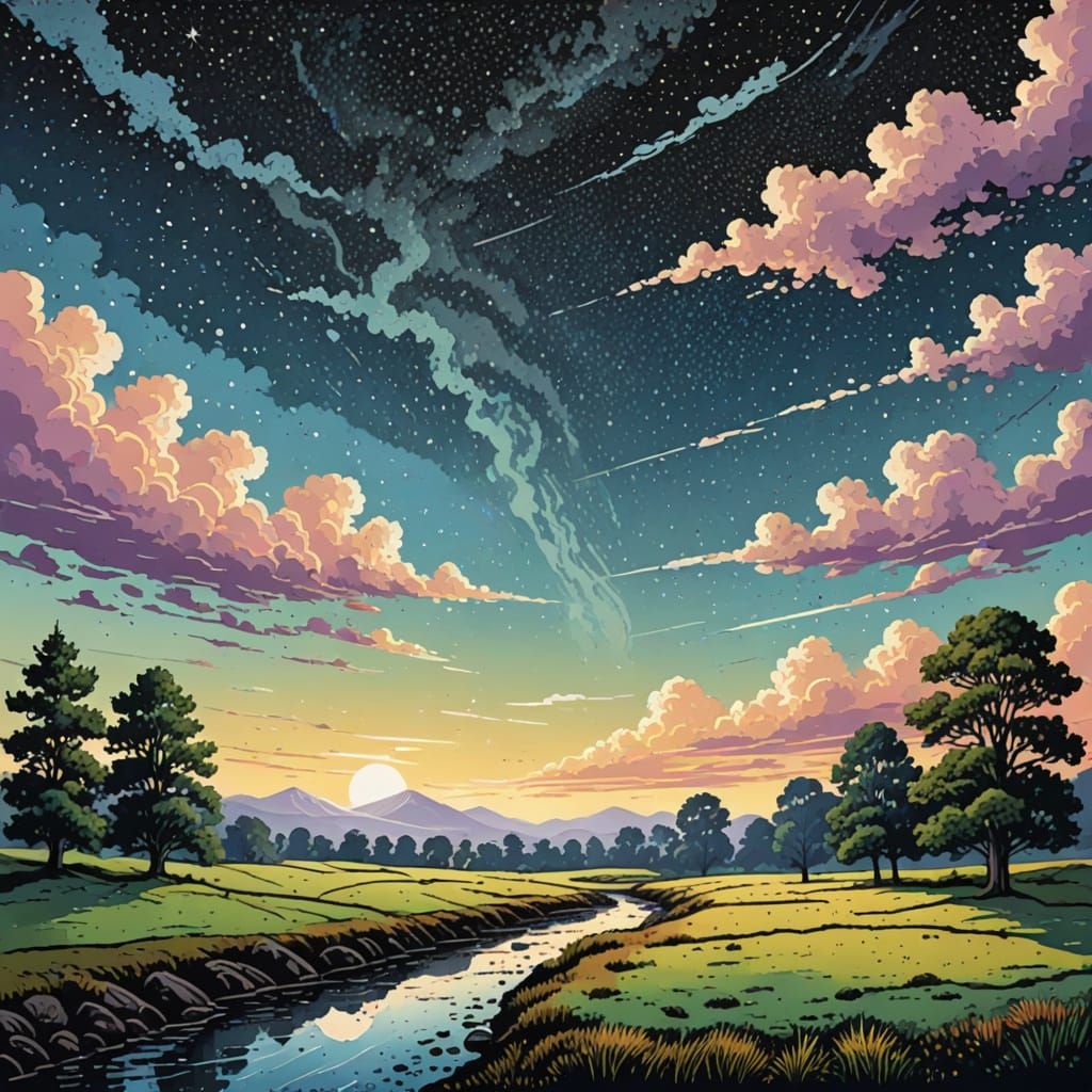 stipple landscape flowing sky colours - AI Art