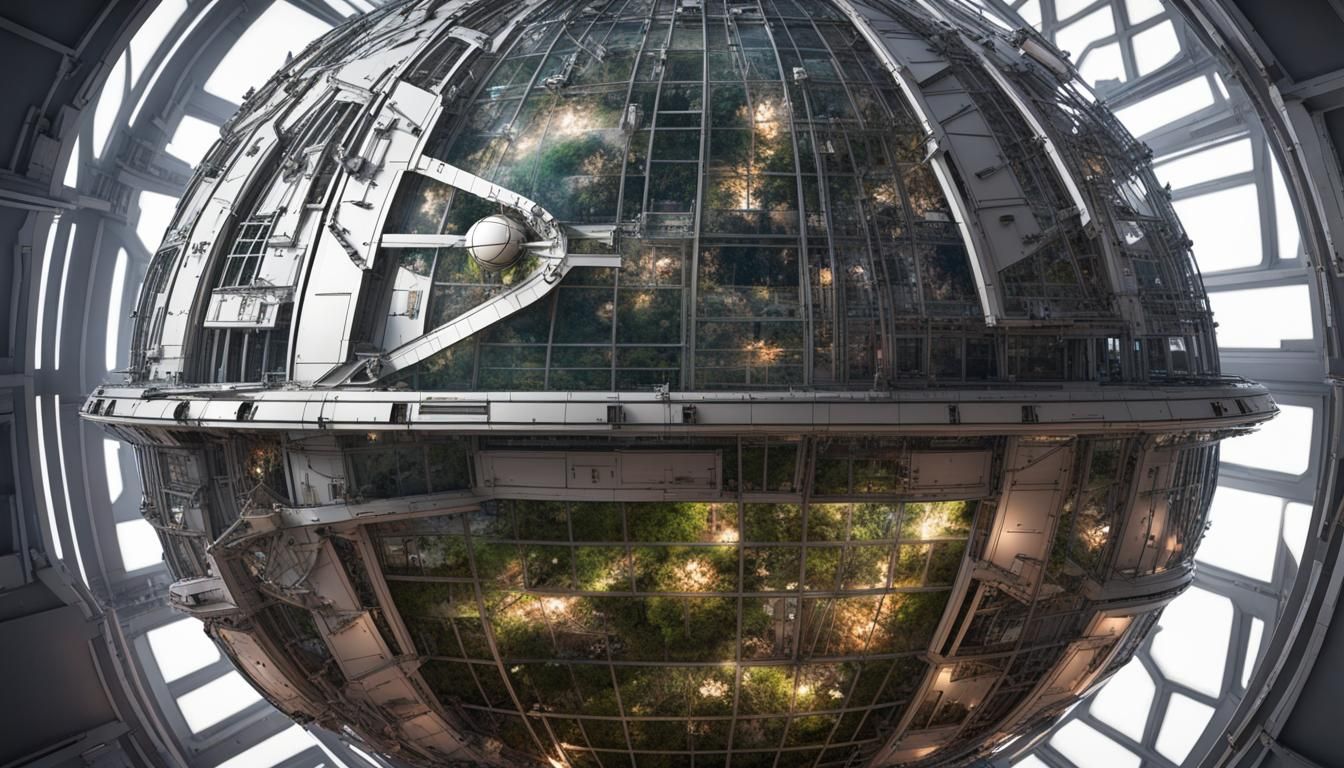 Fantastic view of a Space station in shape of a Biosphere, floating ...