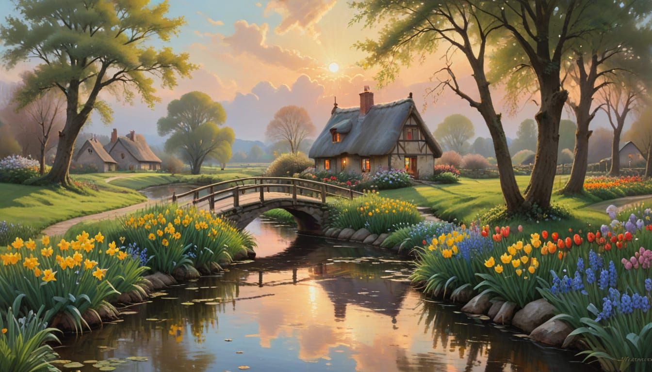 Idyllic Spring Countryside Scene in Oil Painting S... - AI Art
