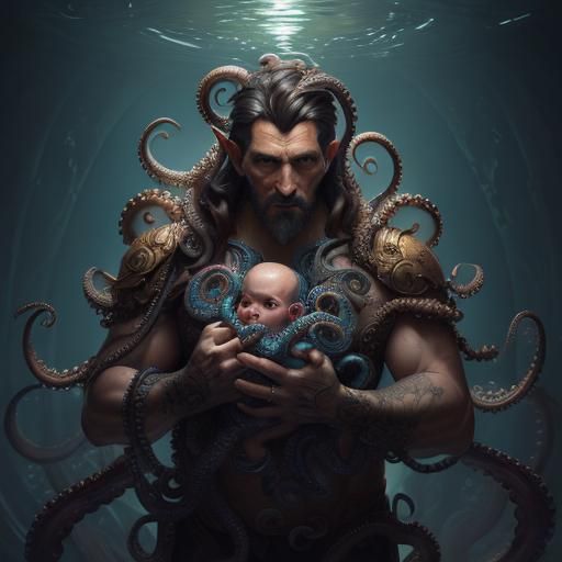 Anthropomorphic octopus daddy holding human baby in tentacles nest - AI ...