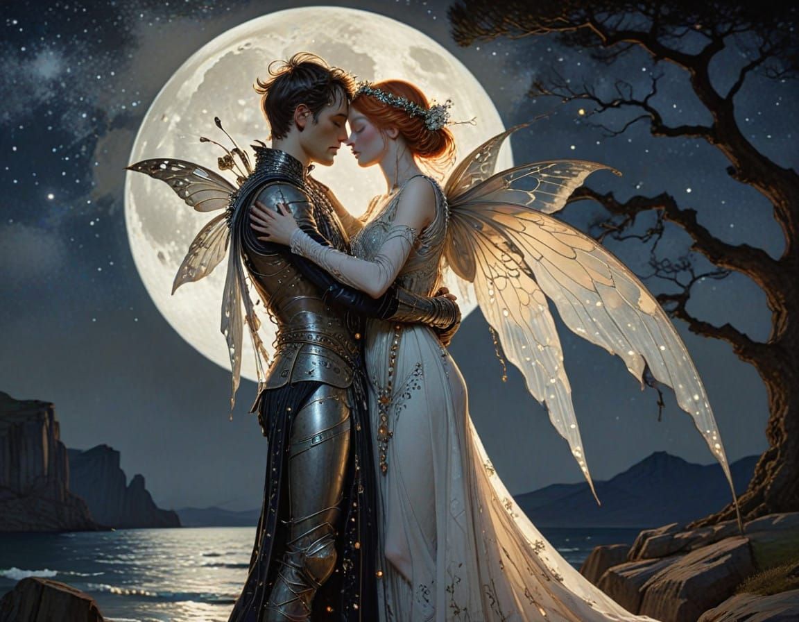 Whispered Love in Dreamlike Moonlight: Fae Royalty... - AI Art