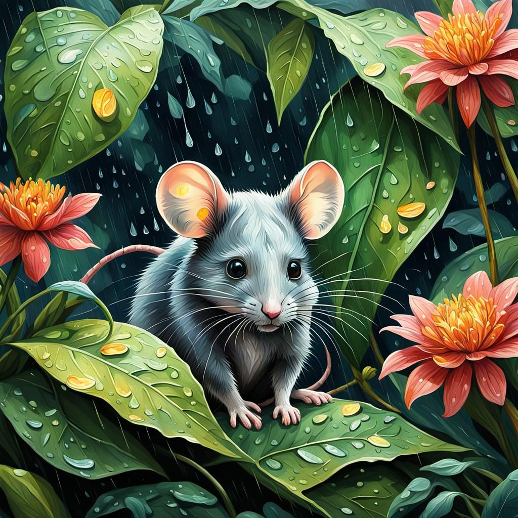 A Little Mouse Hiding Under A Large Leaf and Flower during a Rain Storm ...
