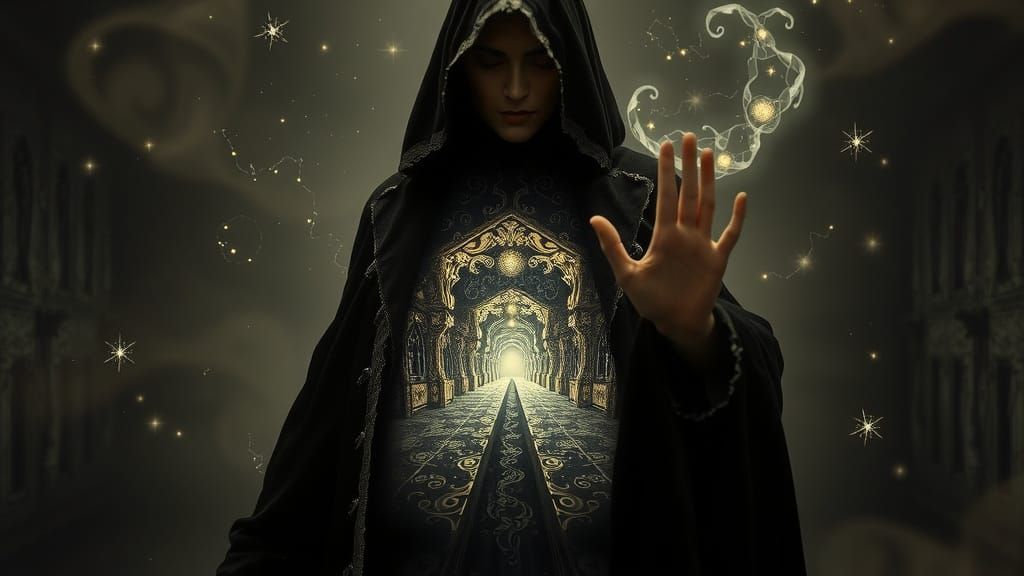 Surreal Figure Unveils Endless Cosmic Corridor in ... - AI Art