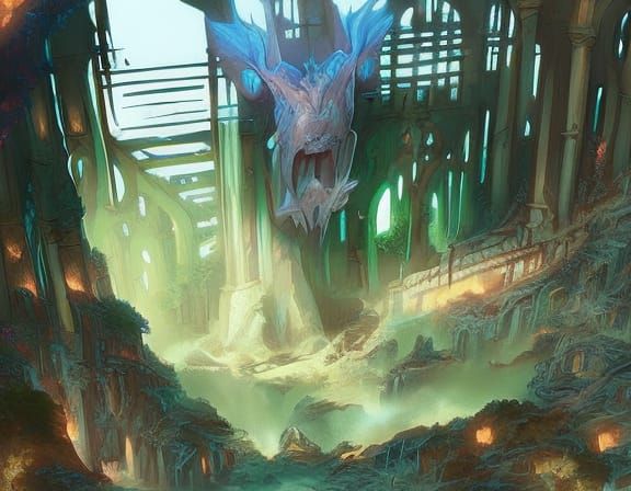 (Topic) ancient enchanted Forrest mysterious ruins handing creatures ...