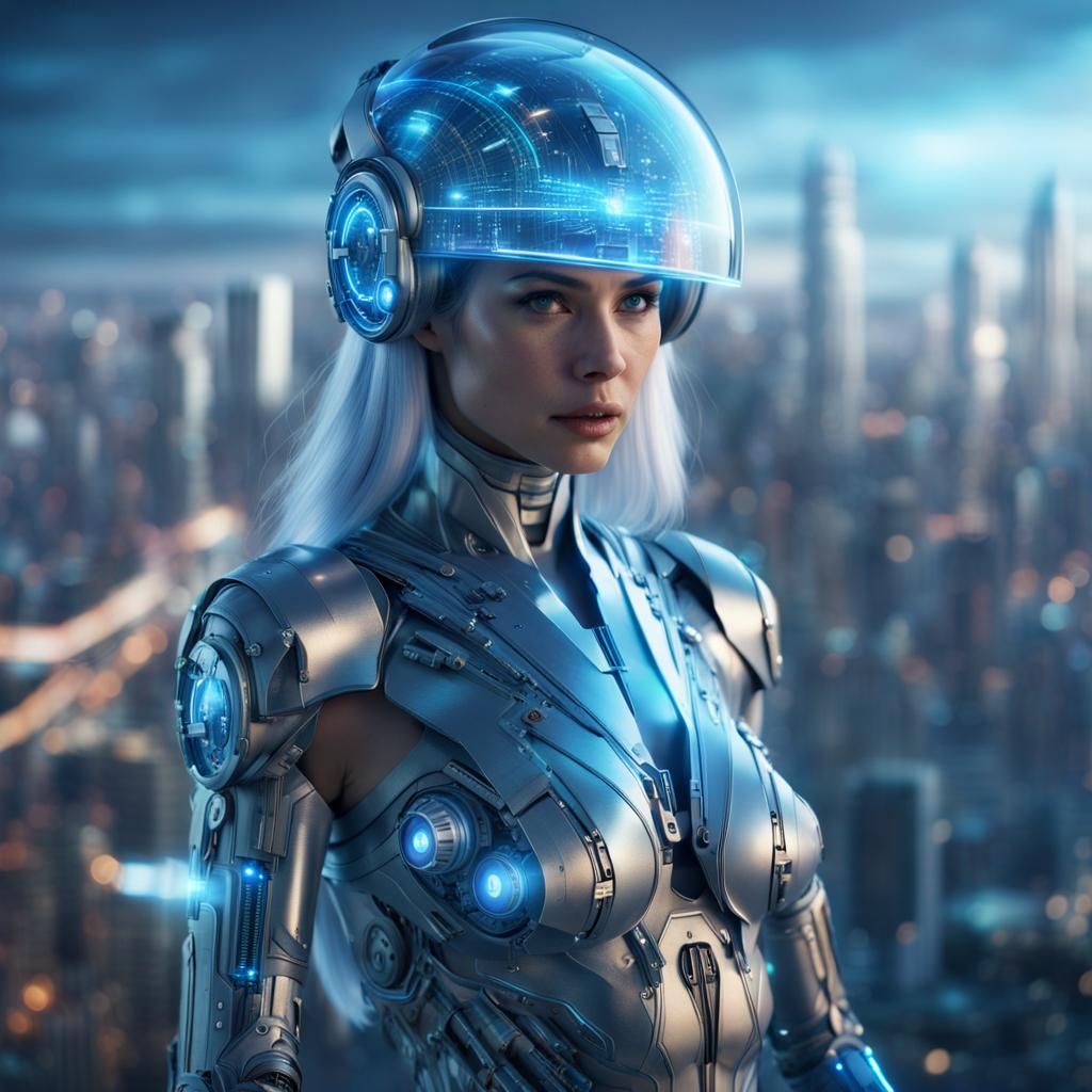 "Full body of a beautiful hologram woman, technologic, lens 24mm f/2,8 ...