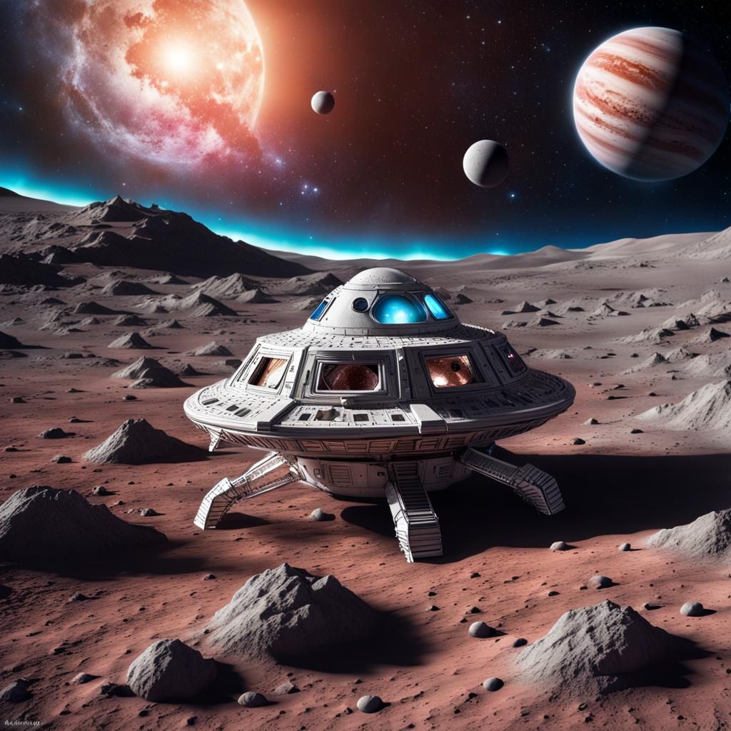 Photograph, Macro, miniature alien spaceship on the moon surface ...