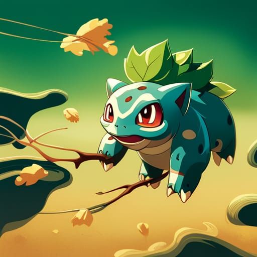 Bulbasaur Razor Leaf 8k Splash Art Ink Splatters Perfect Composition Oil Stained Fluid Ink