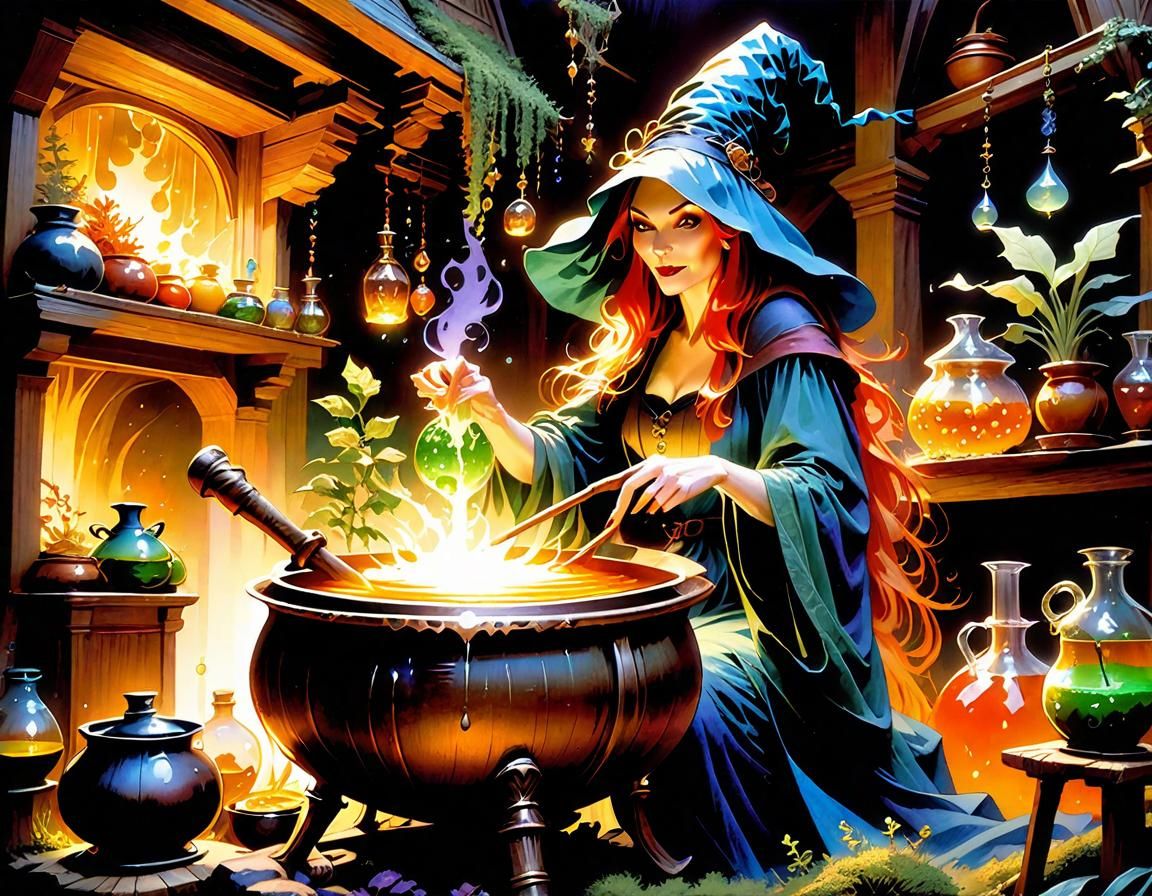 An evil sorceress stirring a bubbling cauldron (Mysterious XL v4) - AI ...