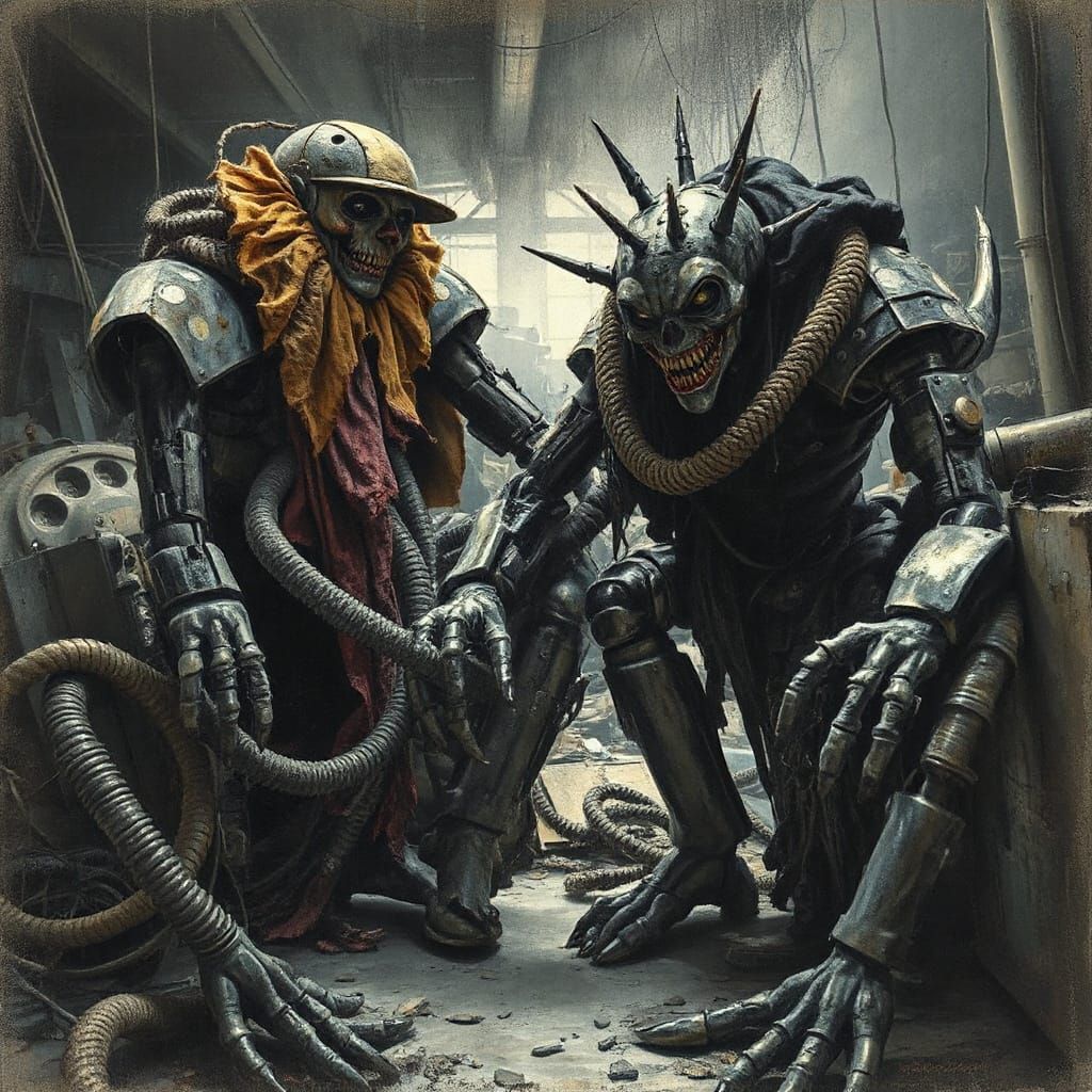 Dark Surrealist Robots in Charcoal Drawing - AI Art