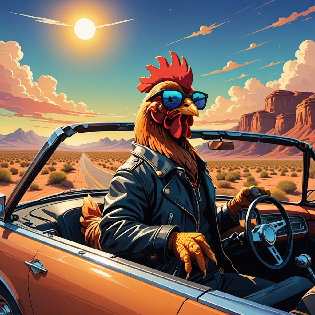 The chicken driving a car - Vibrant Desert Drive in Pixar St...