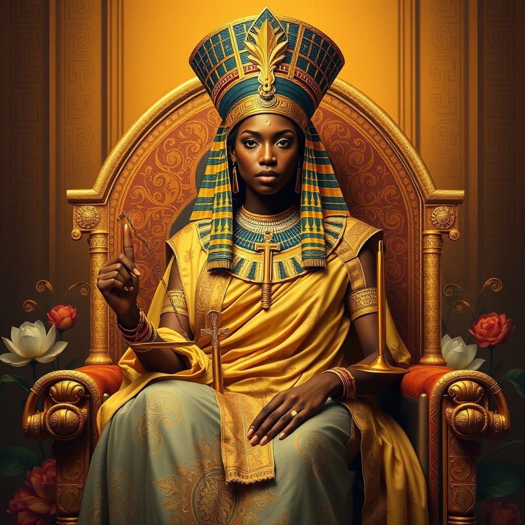 Nubian Goddess Of Justice - Regal Nubian Queen in Golden Hea...