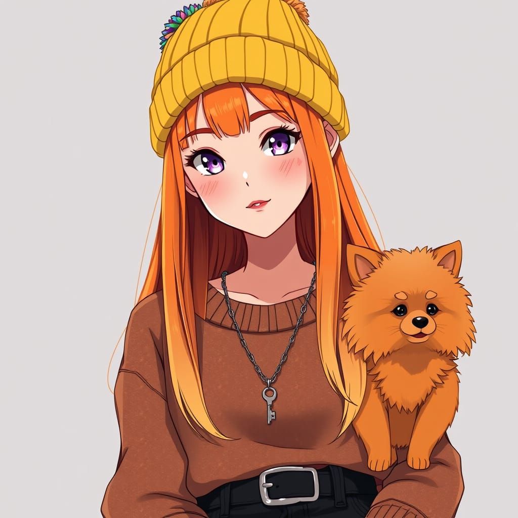 Jeune fille blonde cuivrée avec son pomsky