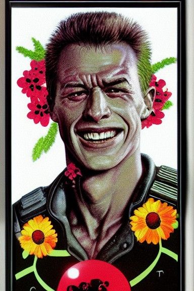 A portrait of a happy smiling Terminator T-800 surrounded by flowers in ...