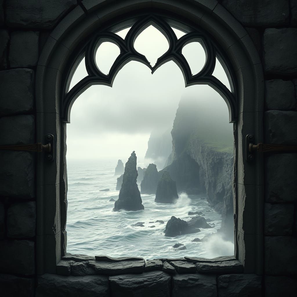 A sea view - Gothic Castle Window on a Haunting Coastal Land...