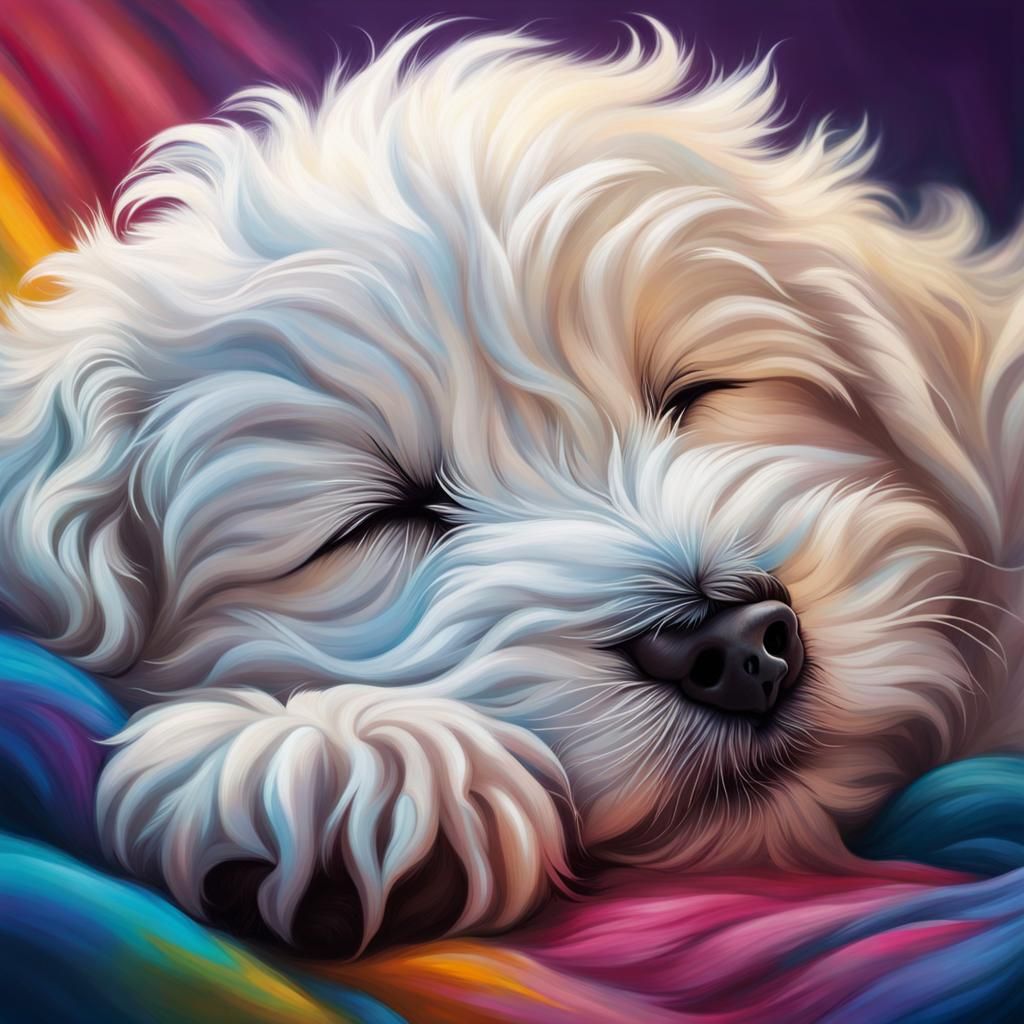 Cute sleeping white curly fluffy puppy Hyperrealistic, splash art ...