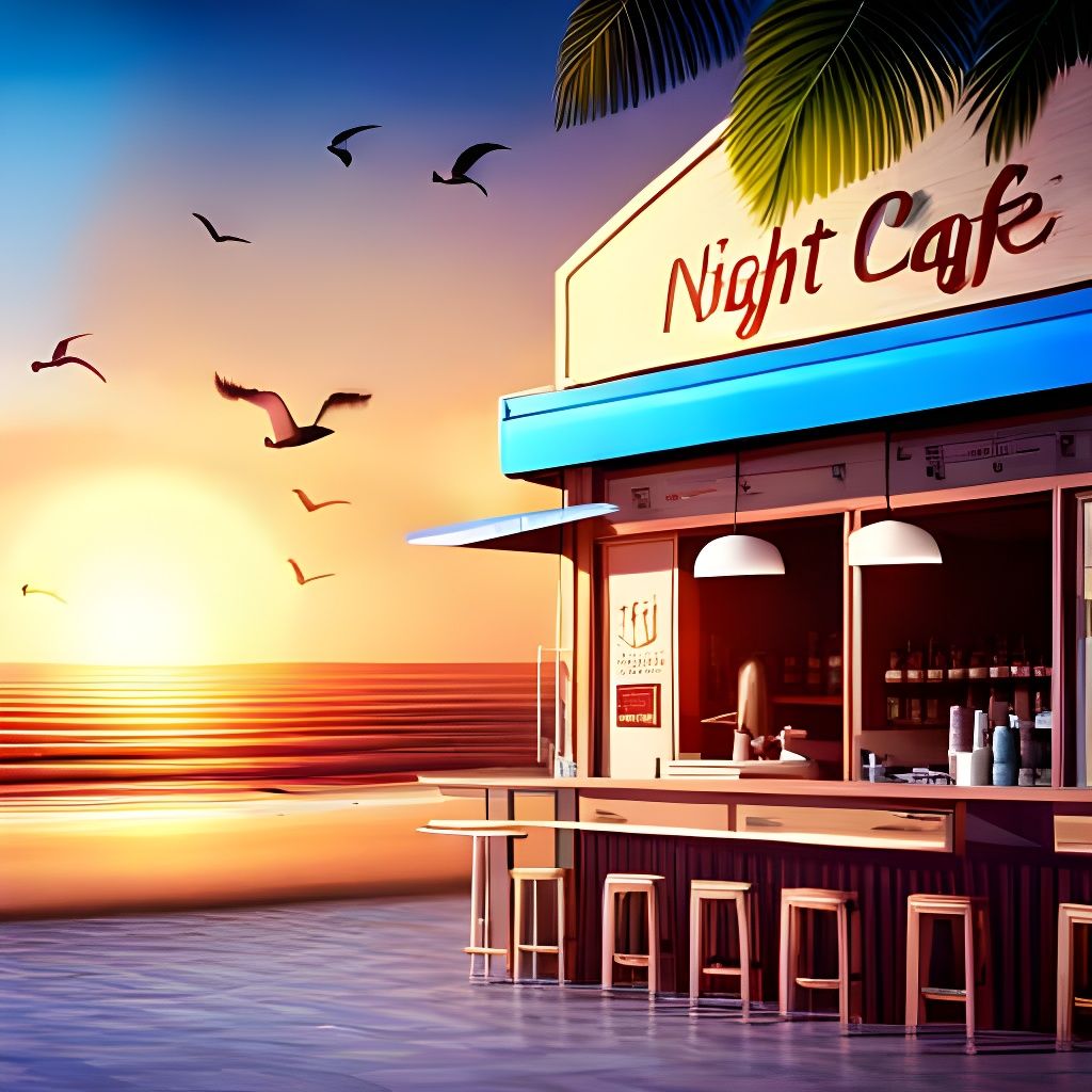Night Beach scene, 'NIGHT CAFE' sign - AI Generated Artwork - NightCafe ...