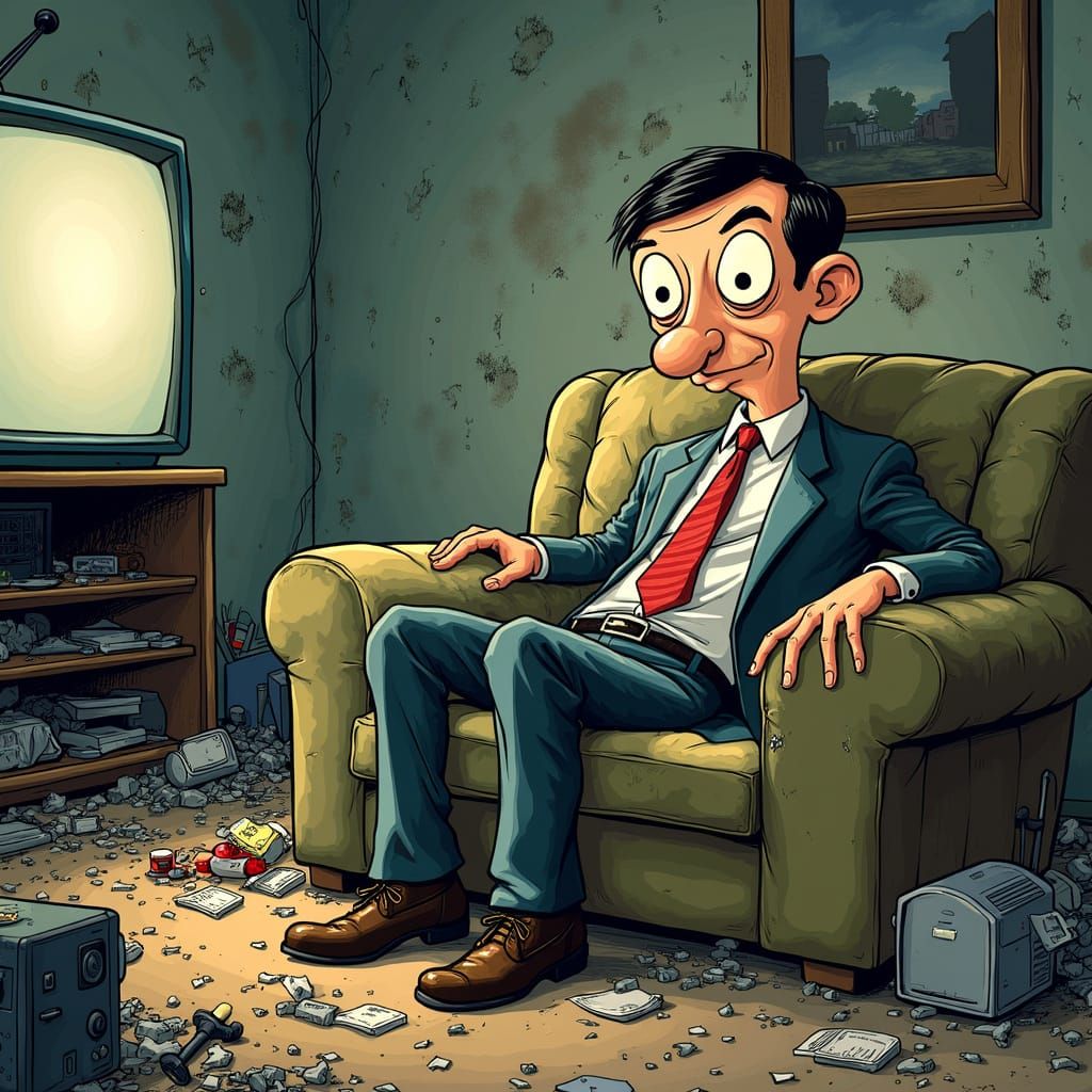 Slacker Mr. Bean in Crude, Humorous Cartoon Style - AI Art