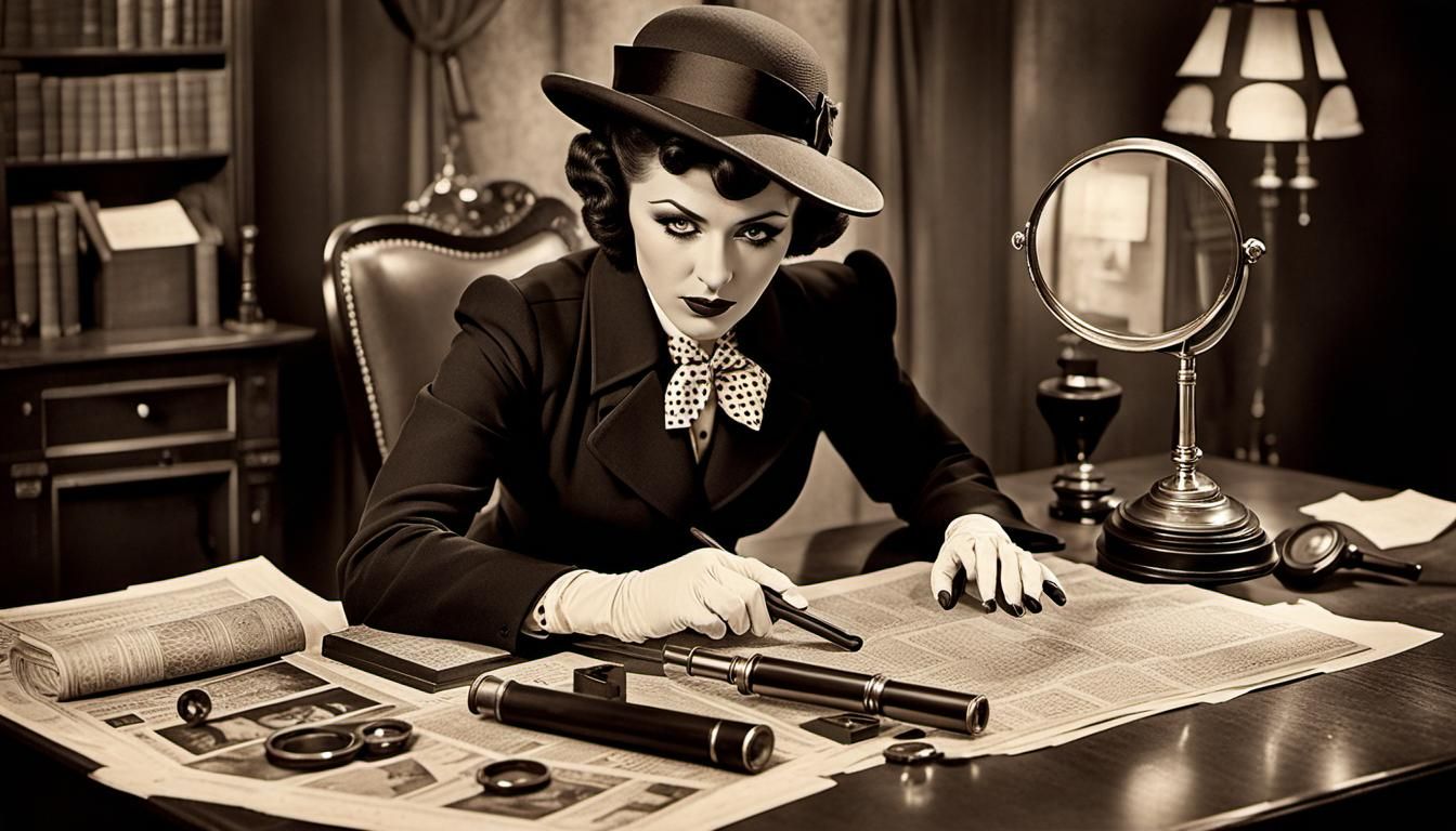 Vintage photo of a murder crime scene. With a pin-up detective girl ...